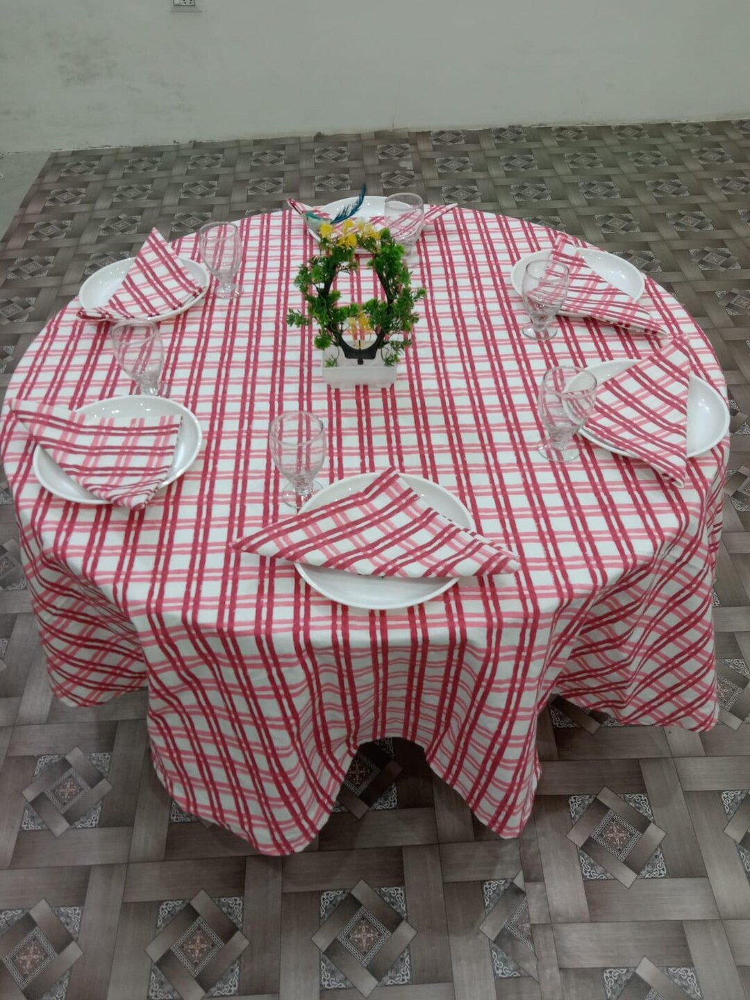Hand Block Printed Round Tablecloth, Red & Pink Cotton, Vintage Boho ...