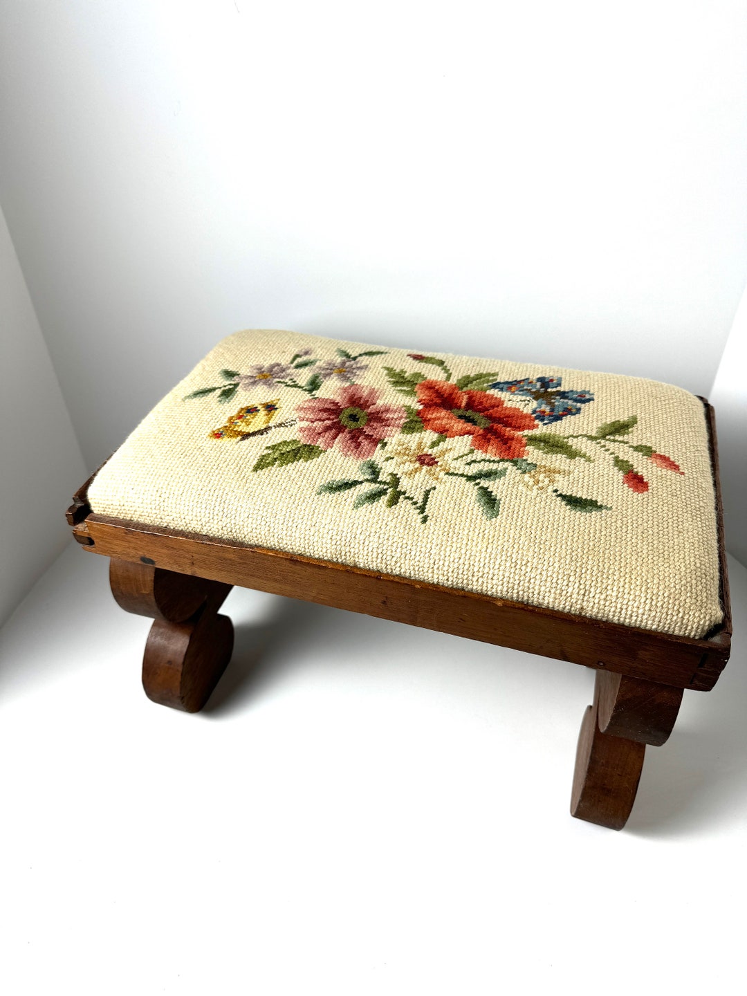 VTG Needlepoint Footstool--tapestry Footstool With Wood Base - Etsy