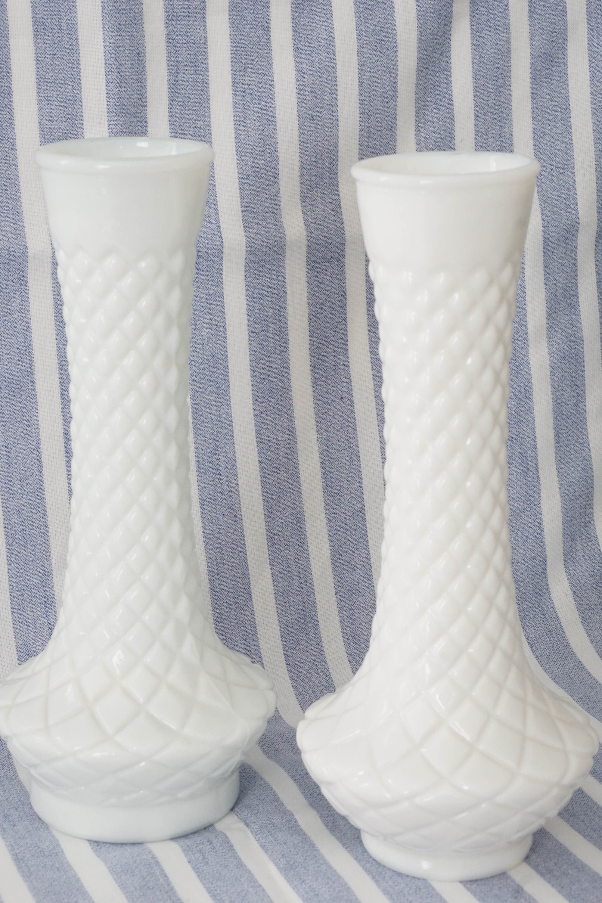 TWO Vintage Milk Glass Bud Vases--diamond Pattern Milk Glass--white ...