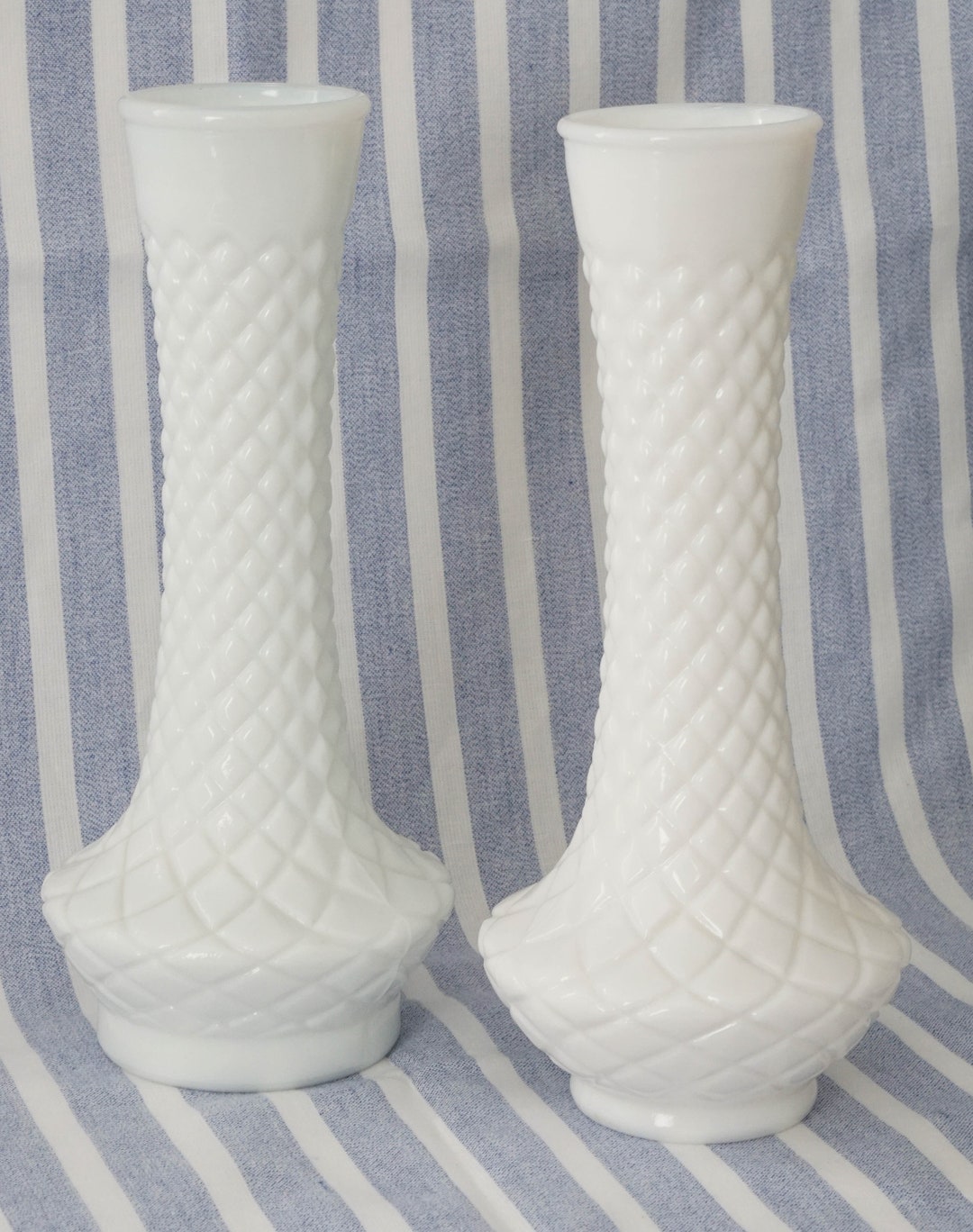 TWO Vintage Milk Glass Bud Vases--diamond Pattern Milk Glass--white ...
