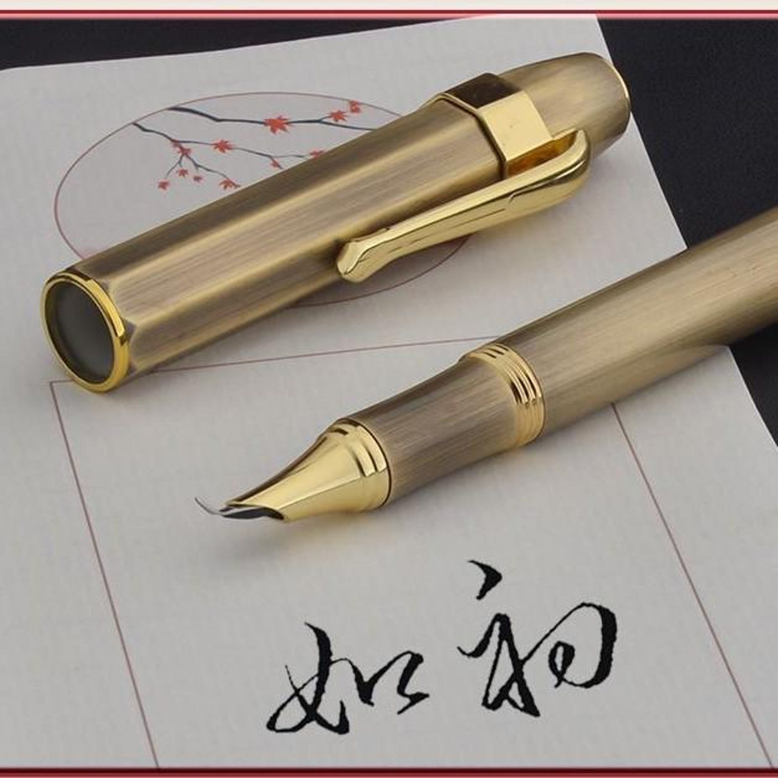 Brass Vintage Fountain Pen – Antique Bronze Metal Pocket Pen, Curved ...