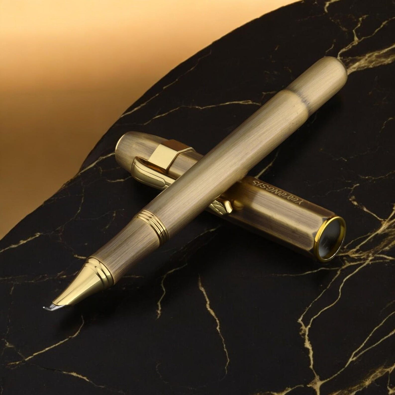 Brass Vintage Fountain Pen – Antique Bronze Metal Pocket Pen, Curved ...