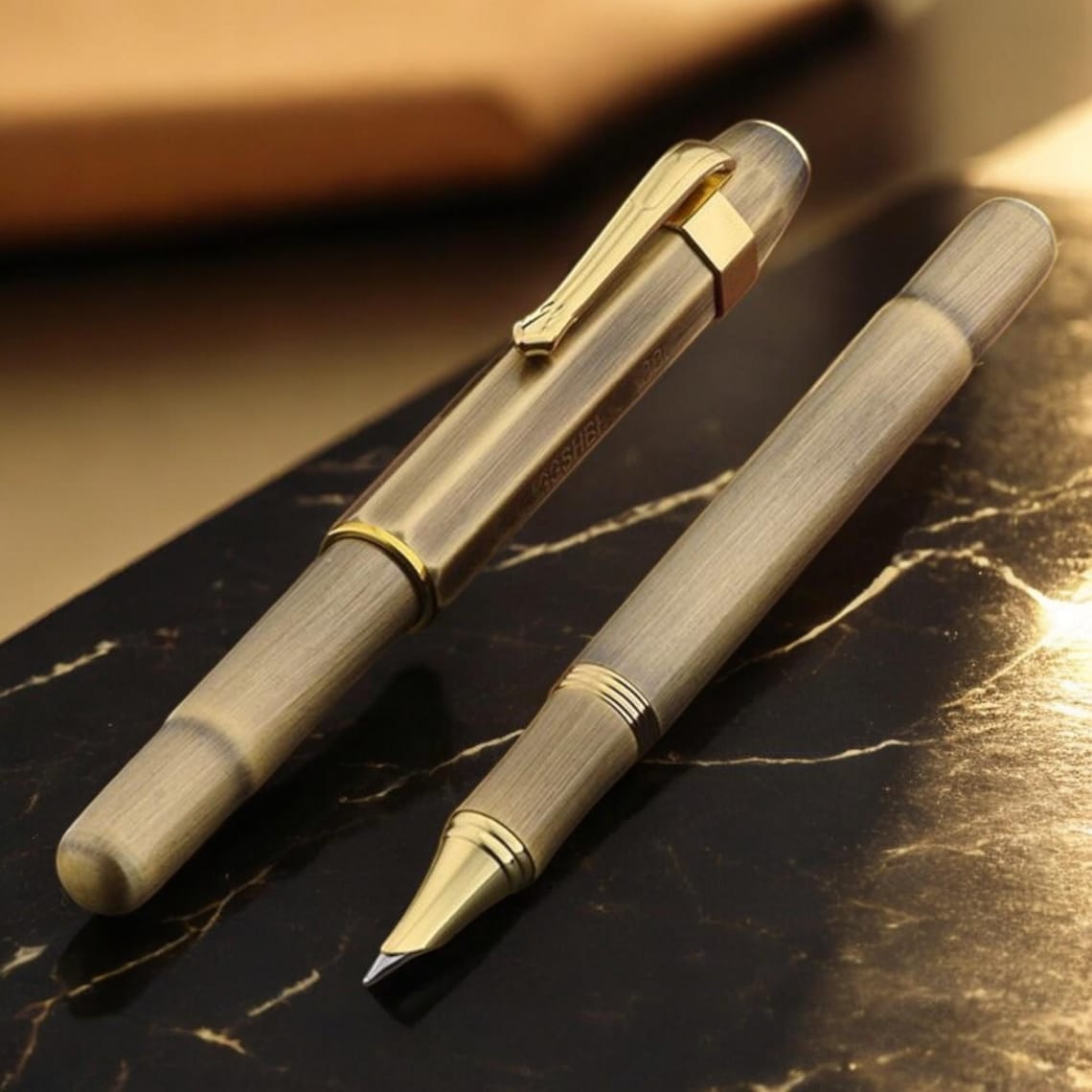 Brass Vintage Fountain Pen – Antique Bronze Metal Pocket Pen, Curved ...