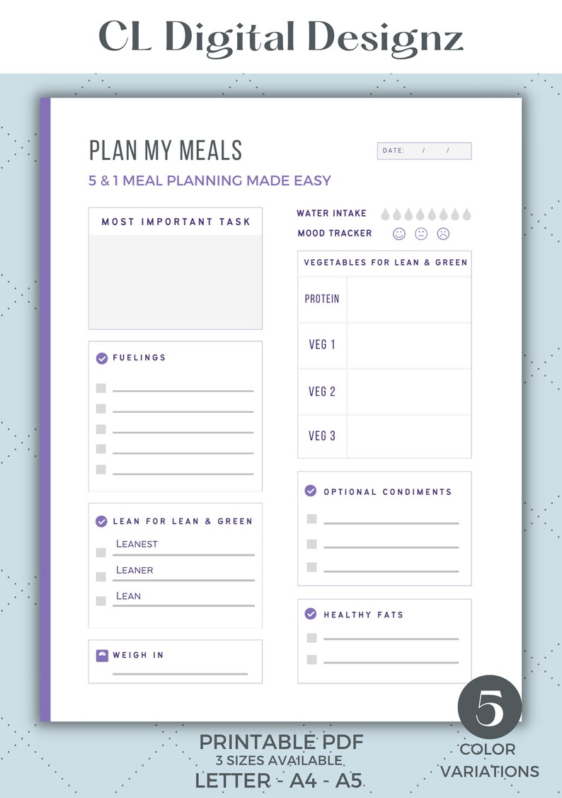 Optavia 5 & 1 Food Planner - A4 A5 Printable Download - Fuelings, Lean ...