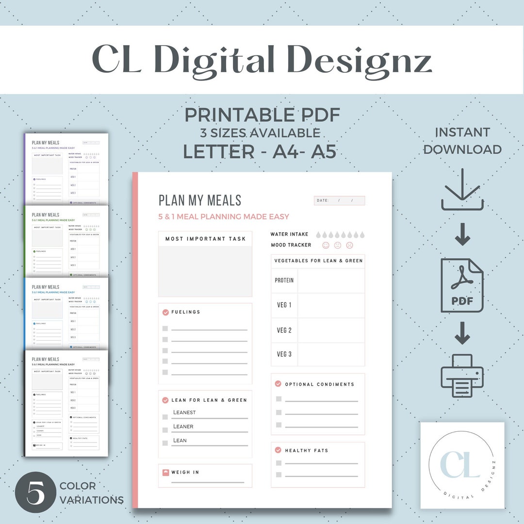 Optavia 5 & 1 Food Planner - A4 A5 Printable Download - Fuelings, Lean ...