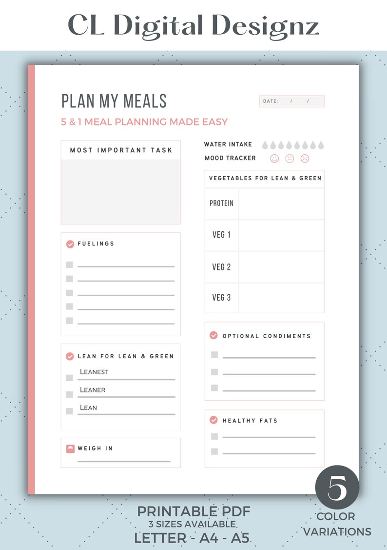 Optavia 5 & 1 Food Planner - A4 A5 Printable Download - Fuelings, Lean ...
