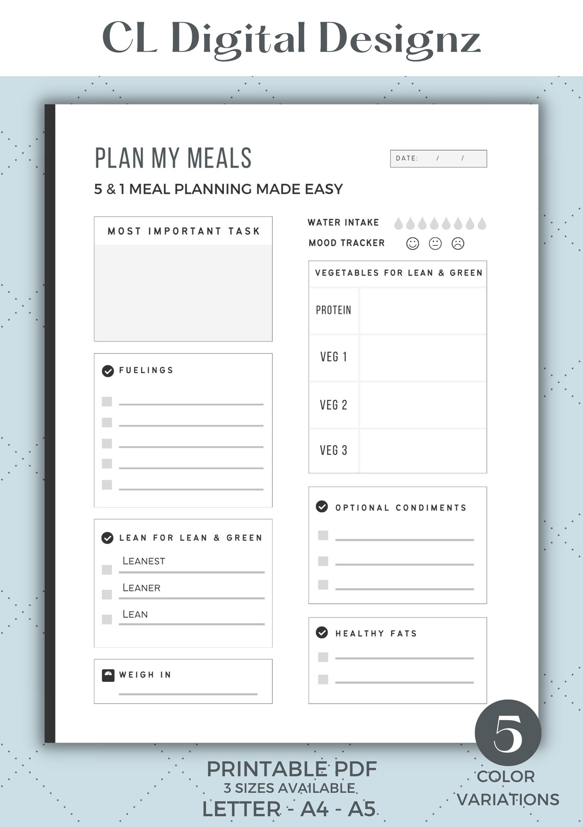 Optavia 5 & 1 Food Planner - A4 A5 Printable Download - Fuelings, Lean ...