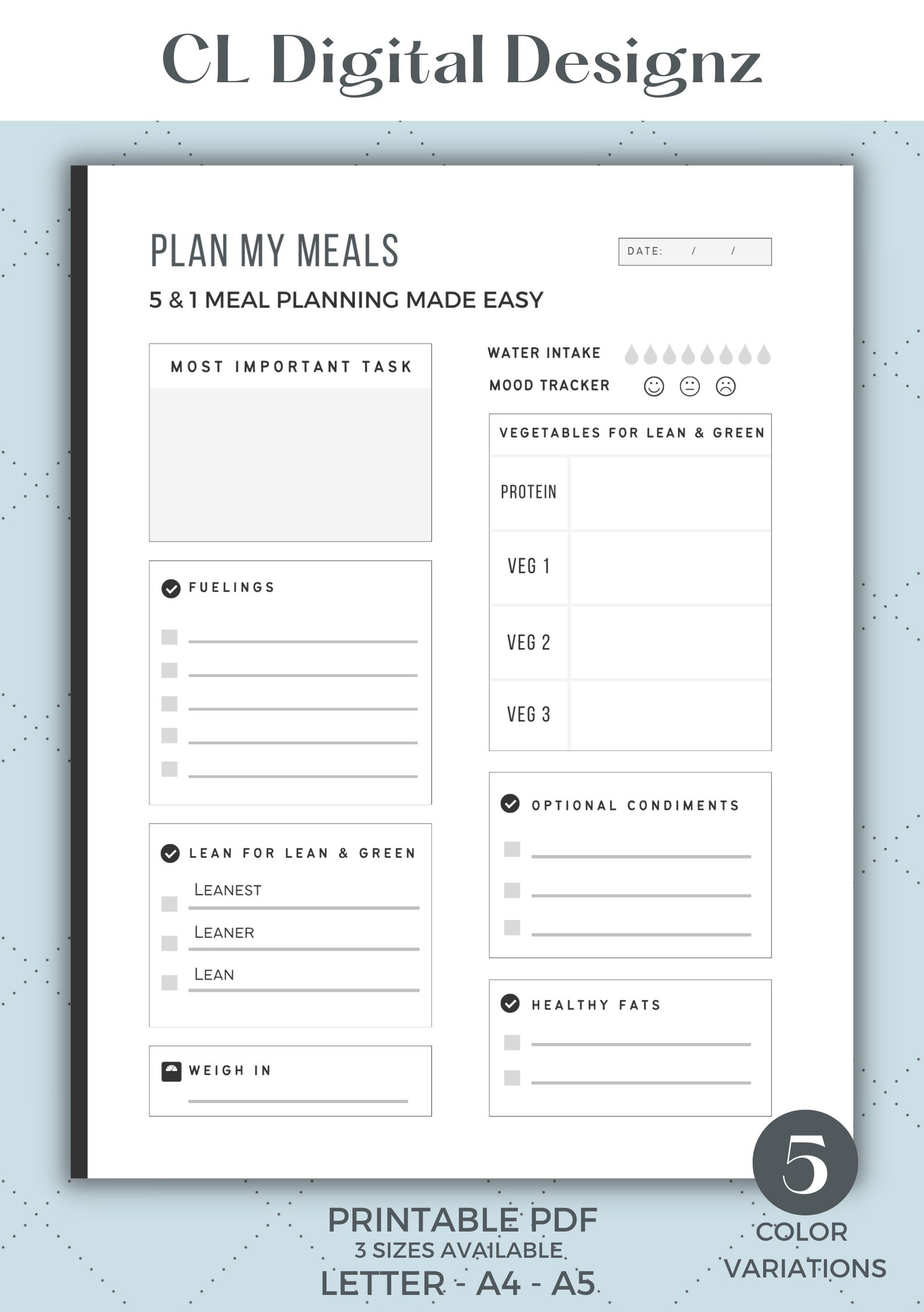 Optavia 5 & 1 Food Planner - A4 A5 Printable Download - Fuelings, Lean ...