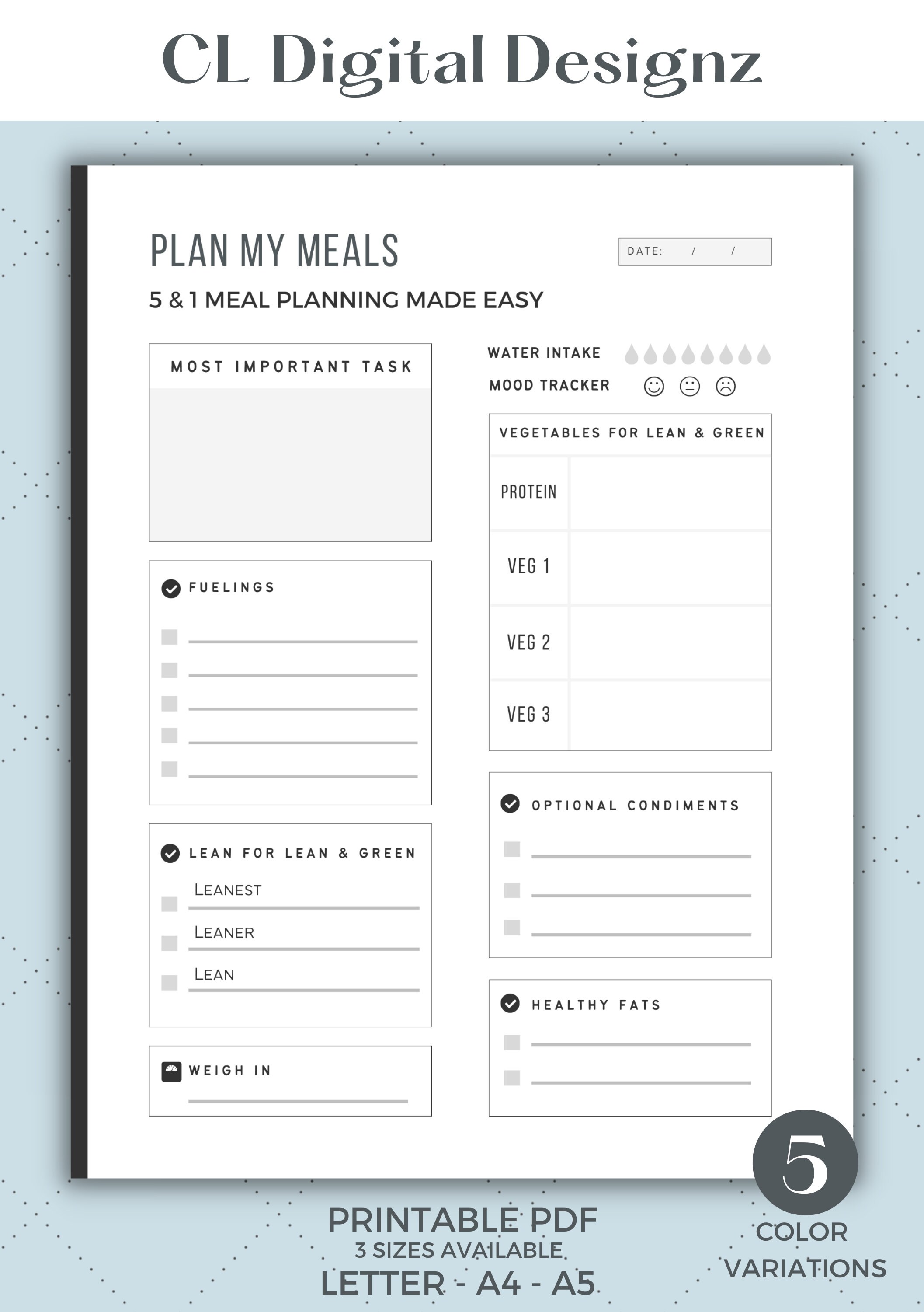 Optavia 5 & 1 Food Planner - A4 A5 Printable Download - Fuelings, Lean ...