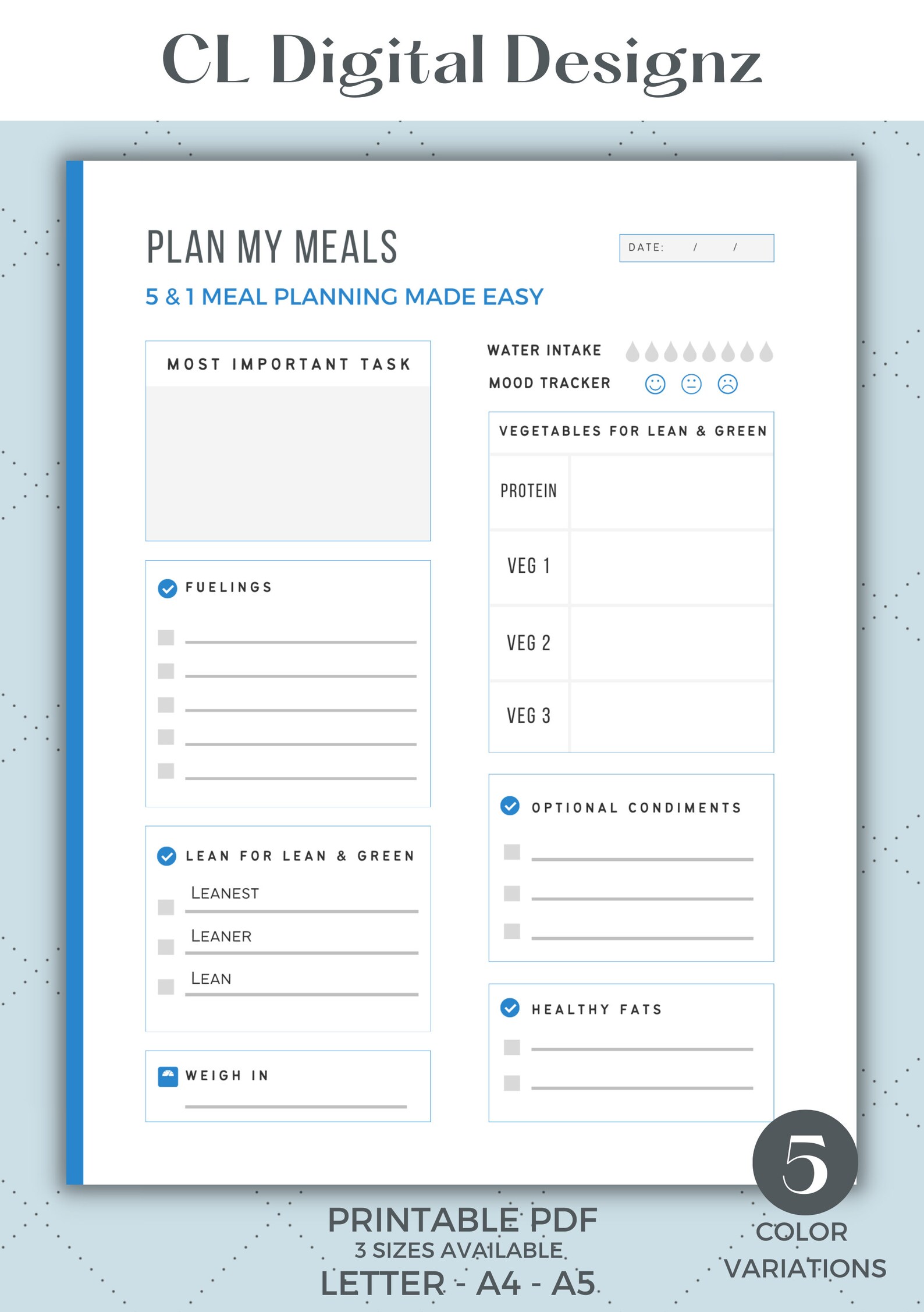 Optavia 5 & 1 Food Planner - A4 A5 Printable Download - Fuelings, Lean ...