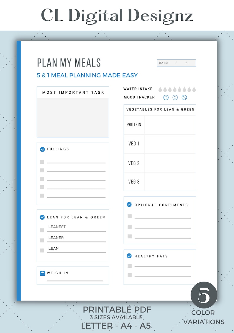 Optavia 5 & 1 Food Planner - A4 A5 Printable Download - Fuelings, Lean ...