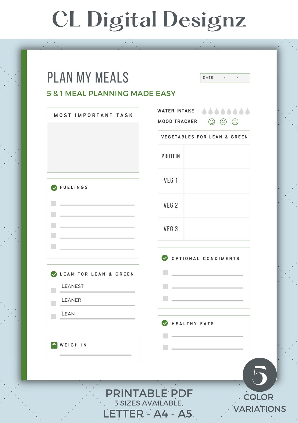 Optavia 5 & 1 Food Planner - A4 A5 Printable Download - Fuelings, Lean ...
