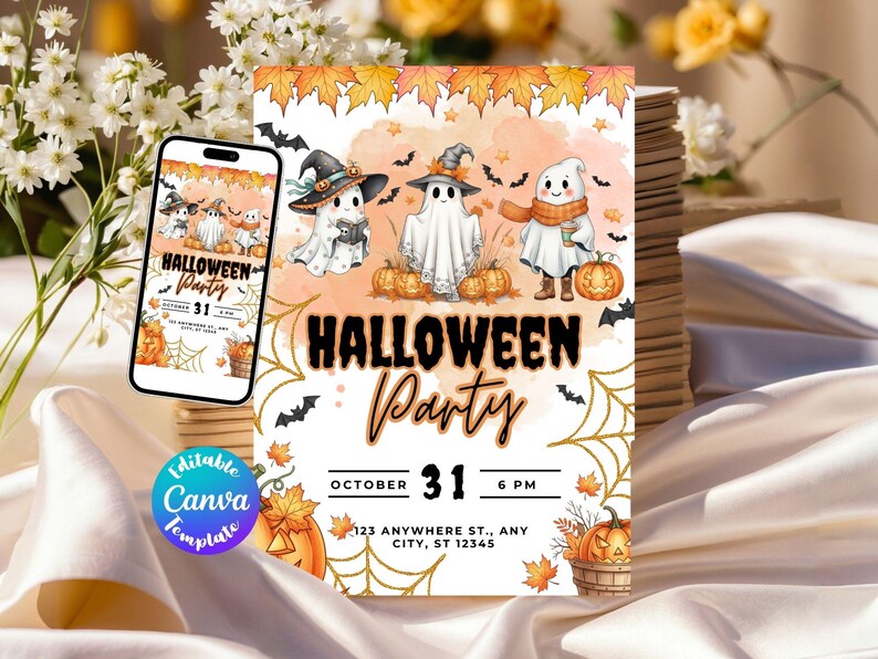 Digital Halloween Birthday Invitation for Kids, Cute Ghosts and ...