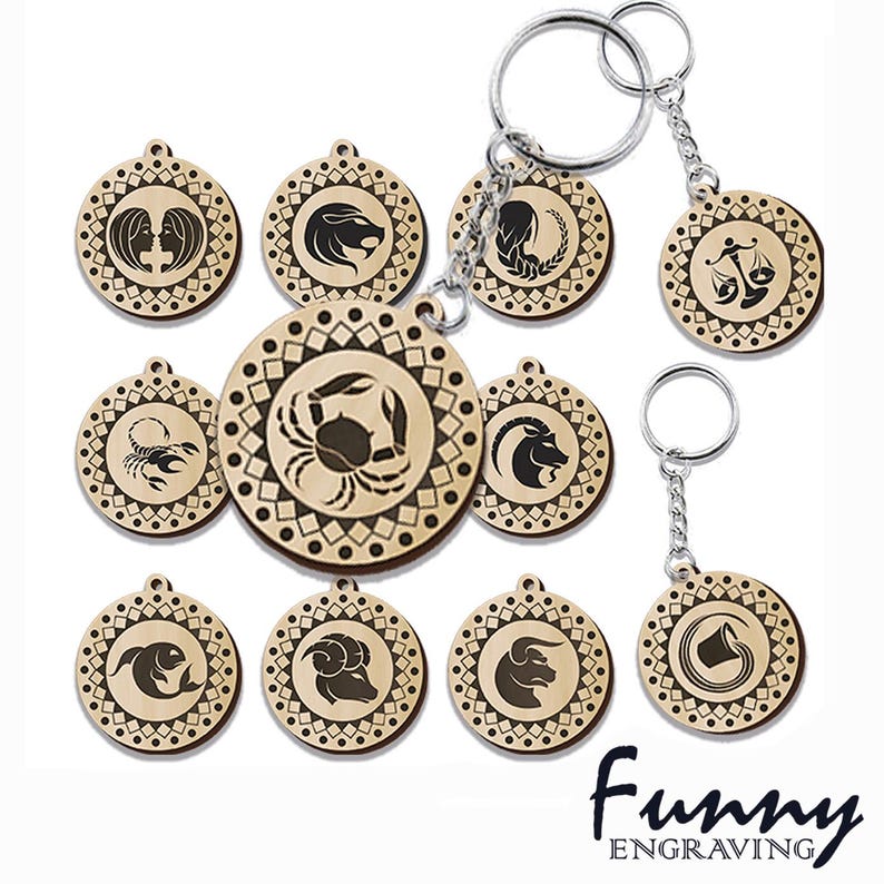 Zodiac Keychain SVG, Circular Laser Engraving Templates With Symbolic ...