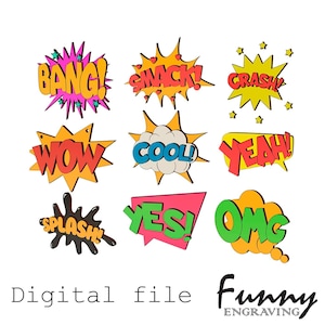 Retro Super Hero Comic Signs SVG, Laser Cutting Templates for Kids Room ...