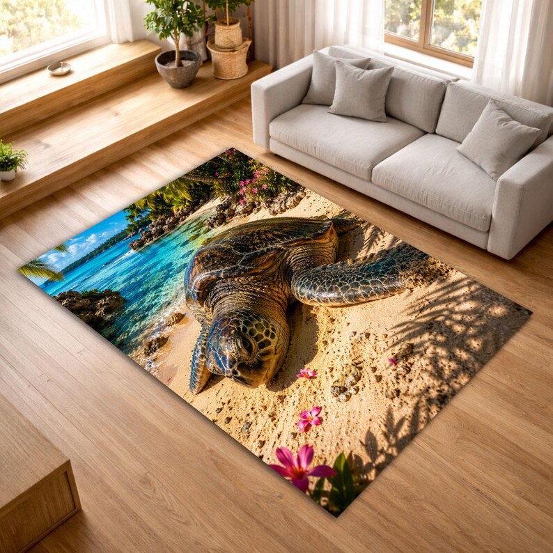 Giant Sea Turtle Beach Rug, Tropical Island Area Rug, Coastal Ocean ...