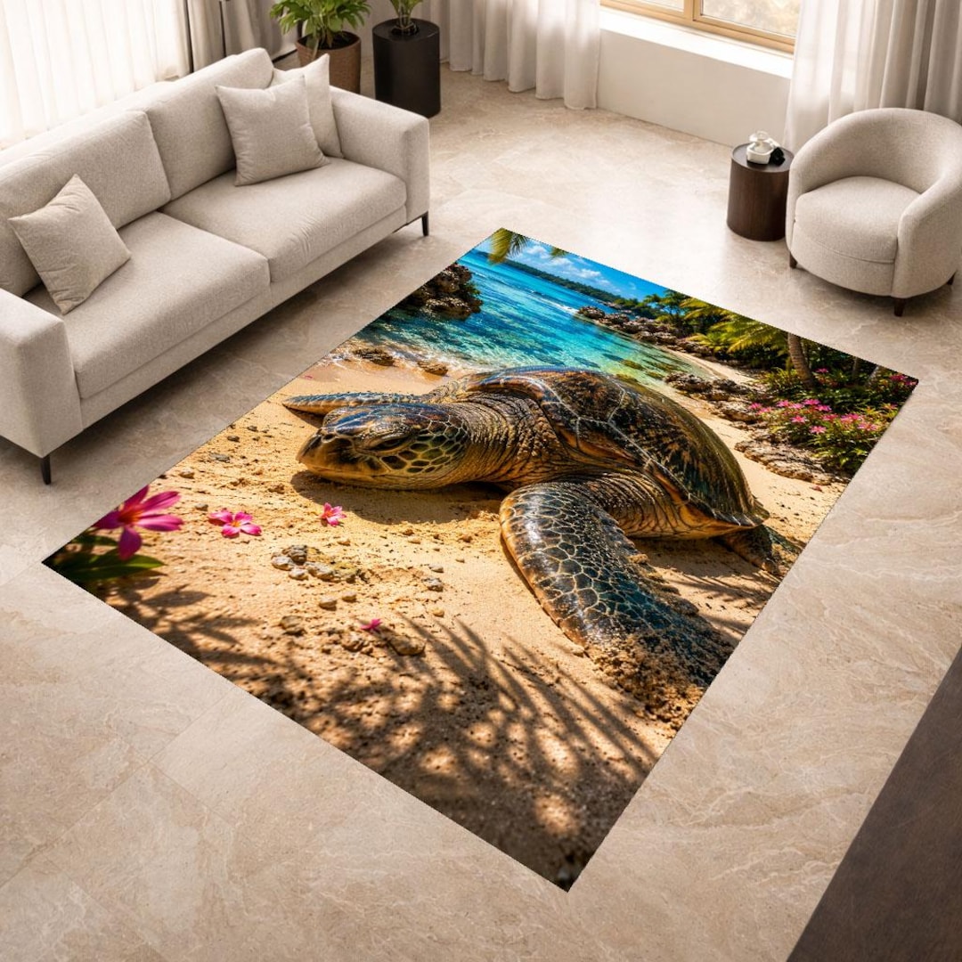 Giant Sea Turtle Beach Rug, Tropical Island Area Rug, Coastal Ocean ...
