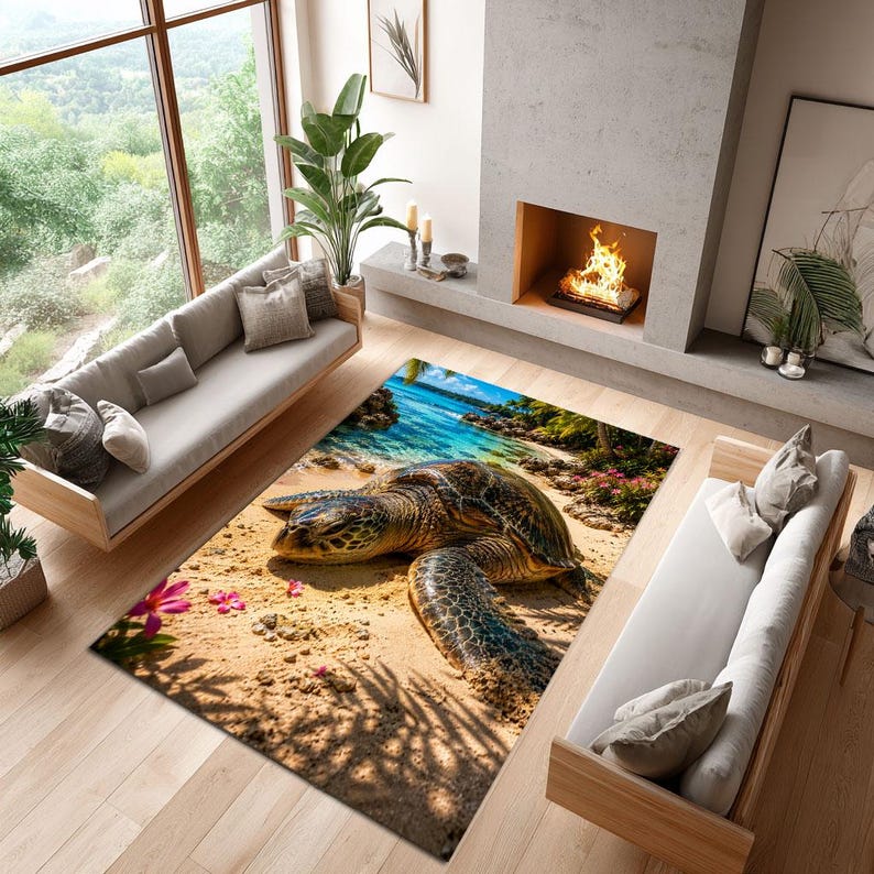 Giant Sea Turtle Beach Rug, Tropical Island Area Rug, Coastal Ocean ...