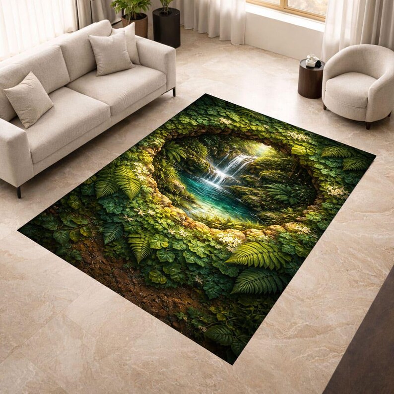 3D Forest Waterfall Rug, Hidden Jungle Stream Carpet, Nature Depth ...