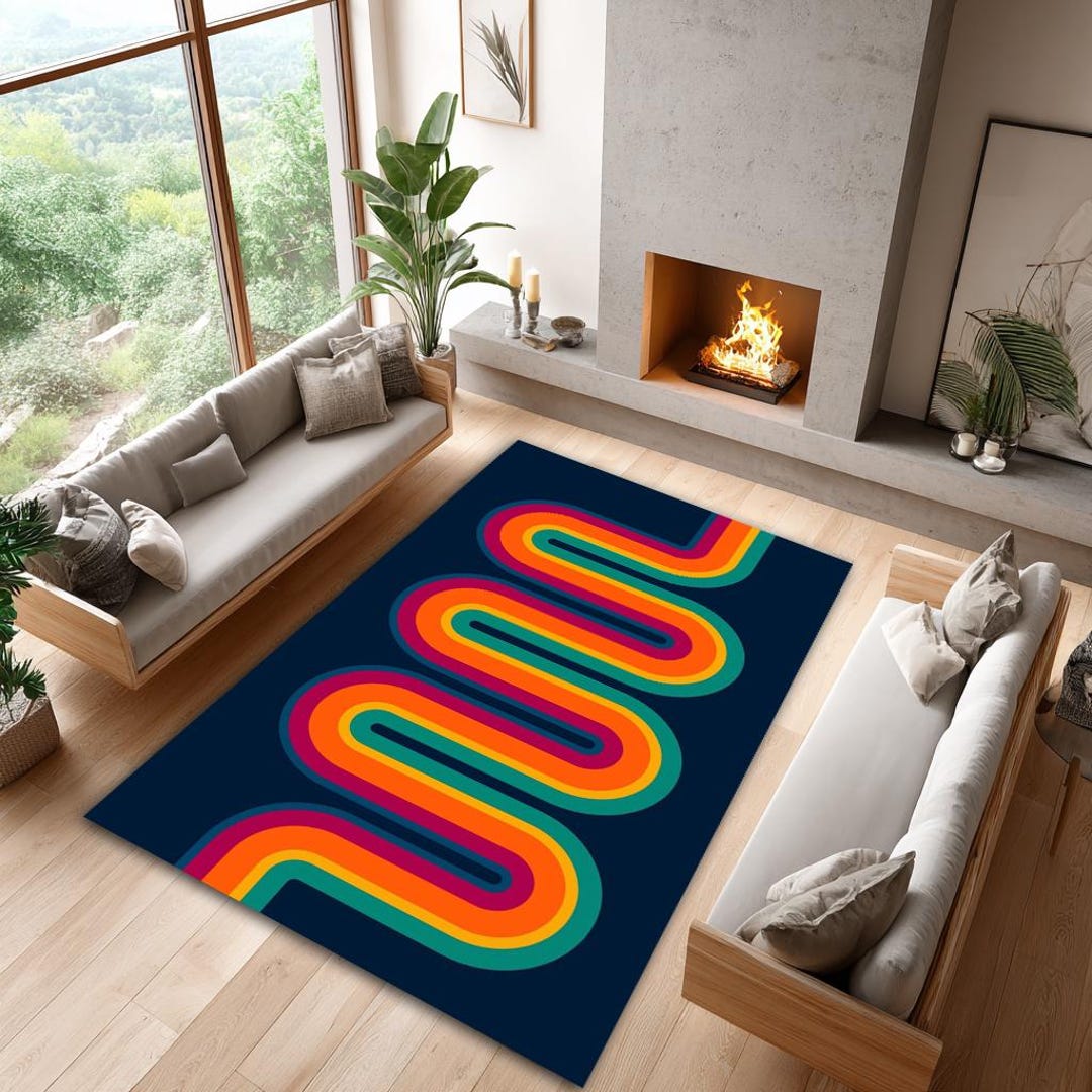 Retro Rainbow Path Rug: 70s Style Colorful Line Art Carpet - Etsy