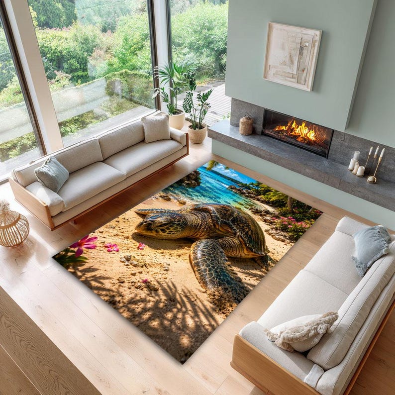 Giant Sea Turtle Beach Rug, Tropical Island Area Rug, Coastal Ocean ...