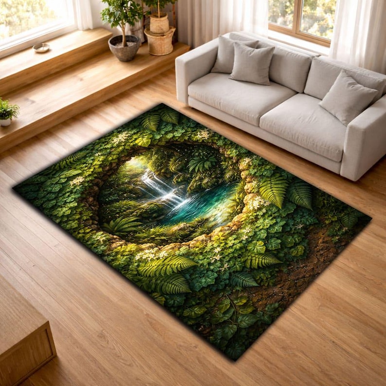 3D Forest Waterfall Rug, Hidden Jungle Stream Carpet, Nature Depth ...