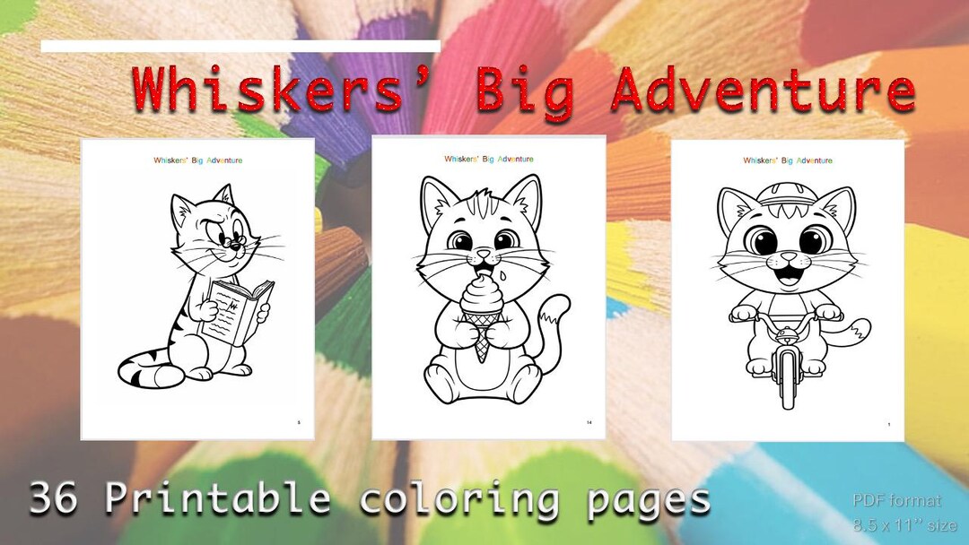 Printable Cartoon Cat Coloring Book "whiskers' Big Adventure" Black and ...