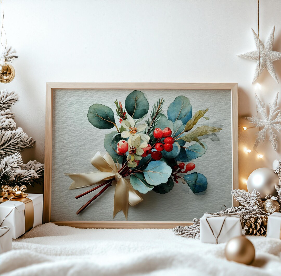 Printable Christmas Botanical Art - Rustic Winter Bouquet Painting ...