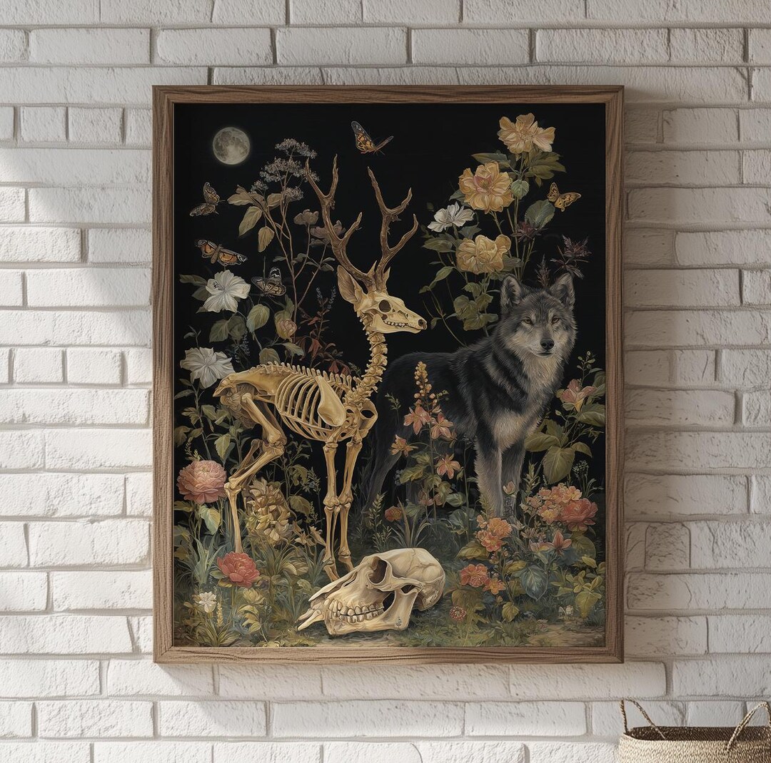 Gothic Deer & Wolf Printable Art - Moody Botanical Scene With Vintage ...