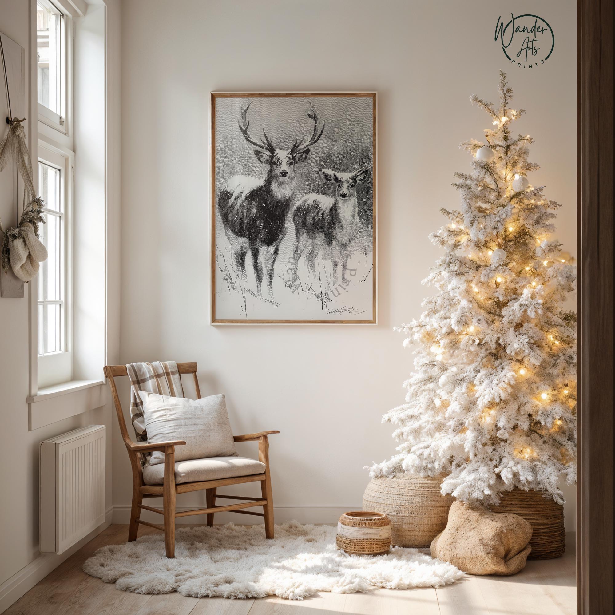 Printable Vintage Deer Drawing - Rustic Winter Art, Cottagecore ...
