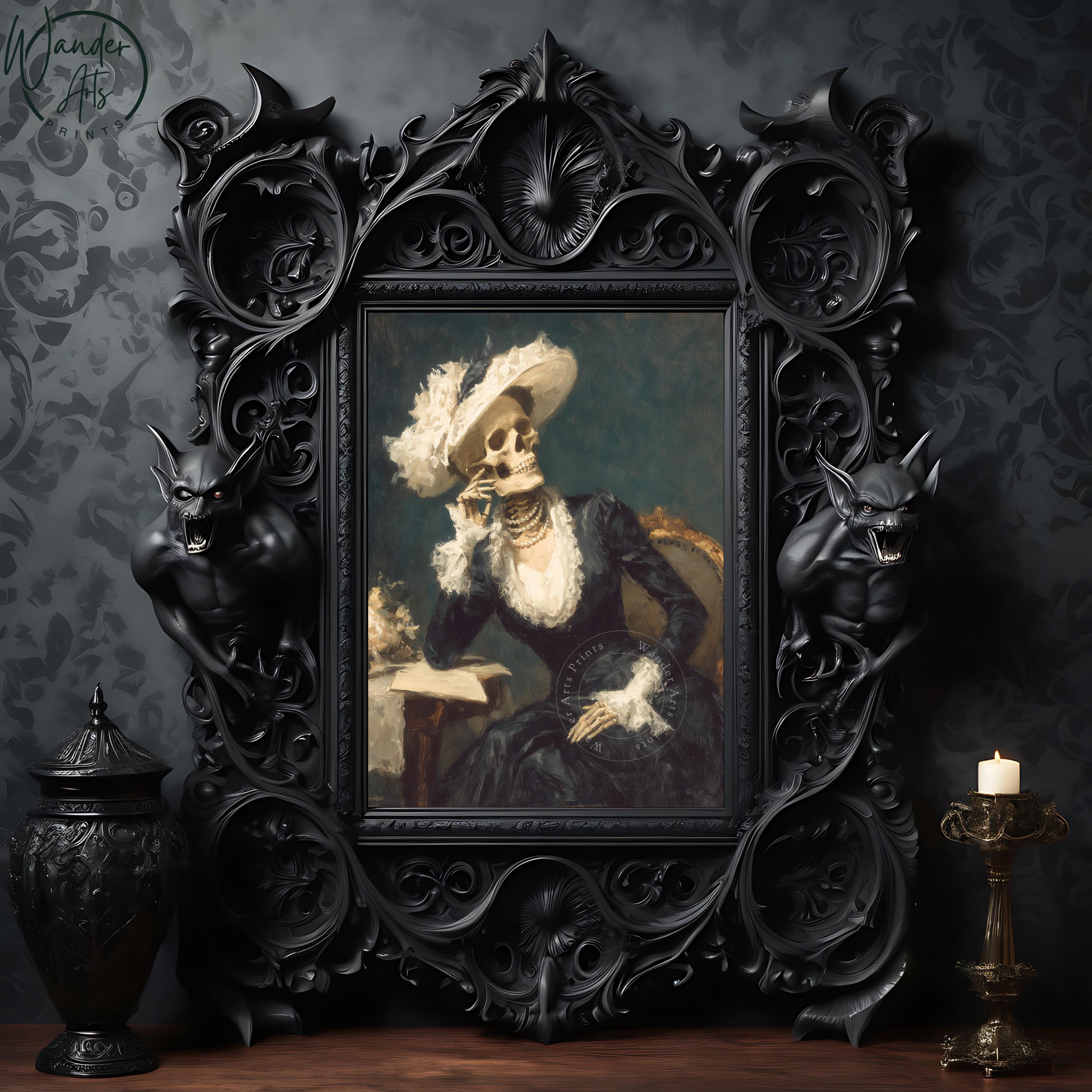 Victorian Skeleton Oil Painting - Spooky Halloween Wall Art, Vintage ...
