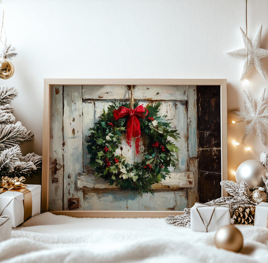 Rustic Christmas Wreath Painting - Vintage Holiday Decor, Festive Wall ...