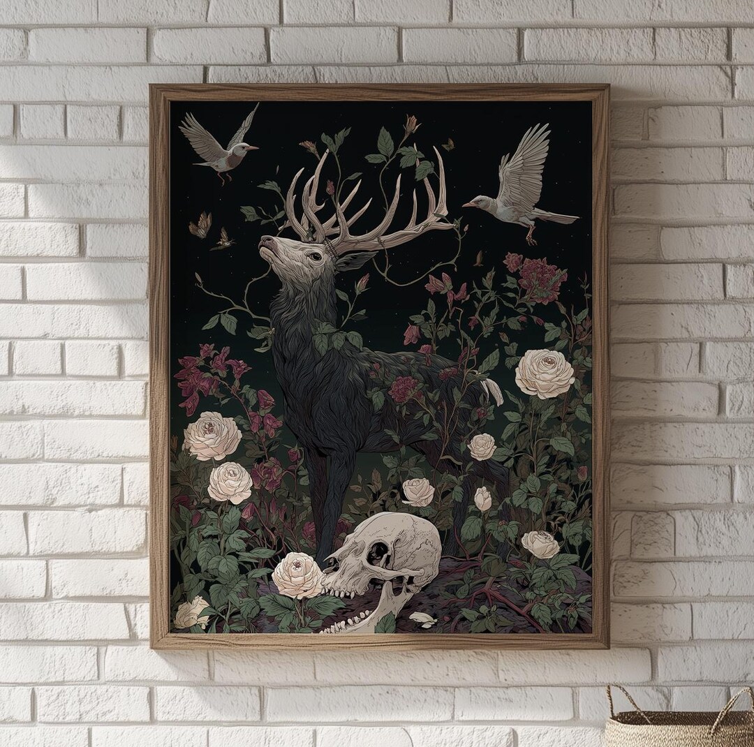 Printable Gothic Stag Wall Art - Moody Dark Forest Painting, Vintage ...