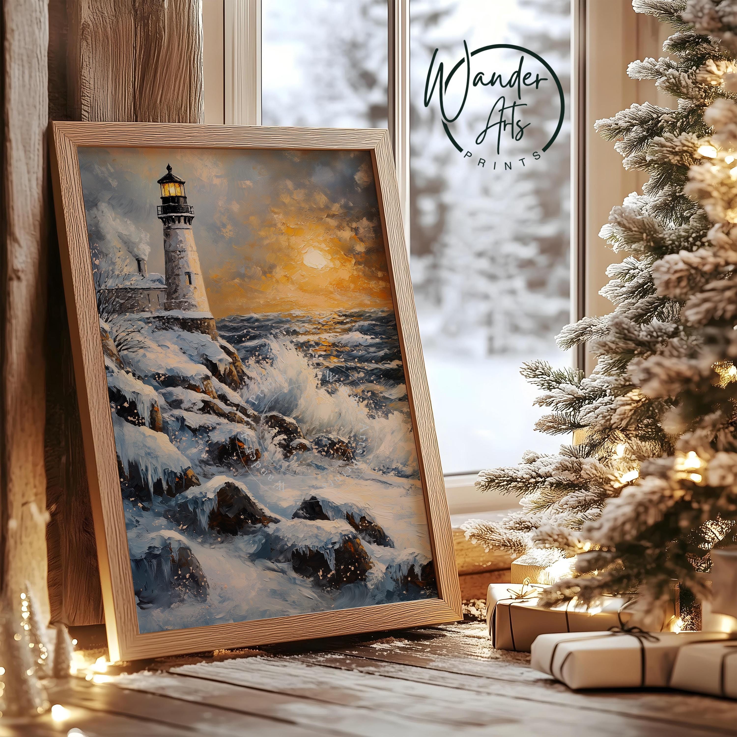 Winter Coastal Lighthouse Printable - Moody Seascape Art With Vintage ...