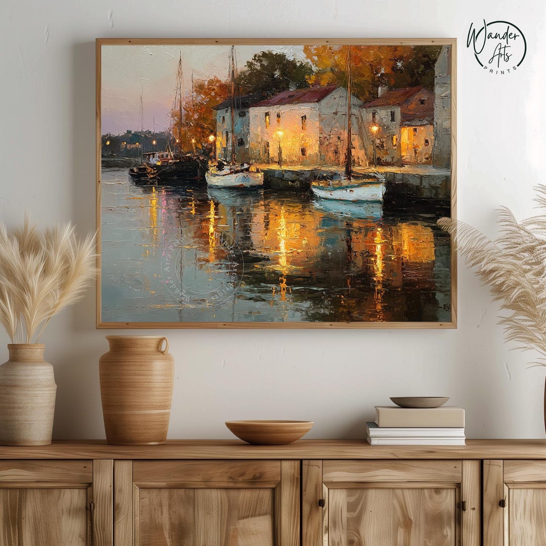 Charming Harbor at Twilight - Printable Nautical Art, Quaint Harbor Oil ...