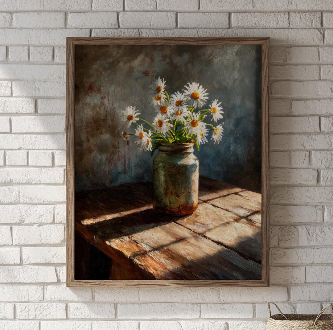 Rustic Daisies Vase Painting - Moody Farmhouse Still-life Art, Cozy ...