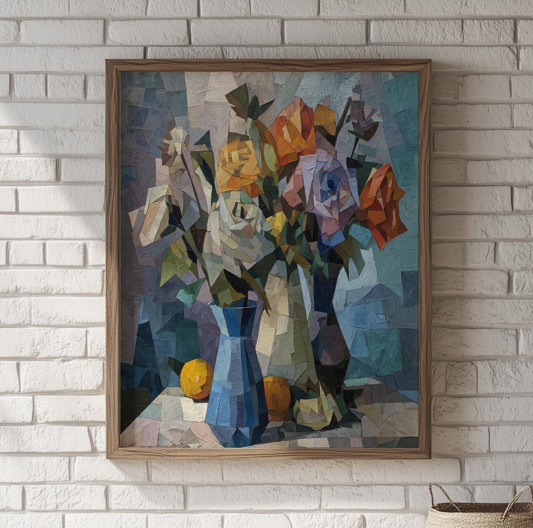 Cubist Bouquet on Mid-century Modern Vases - Bold Abstract Floral Art ...