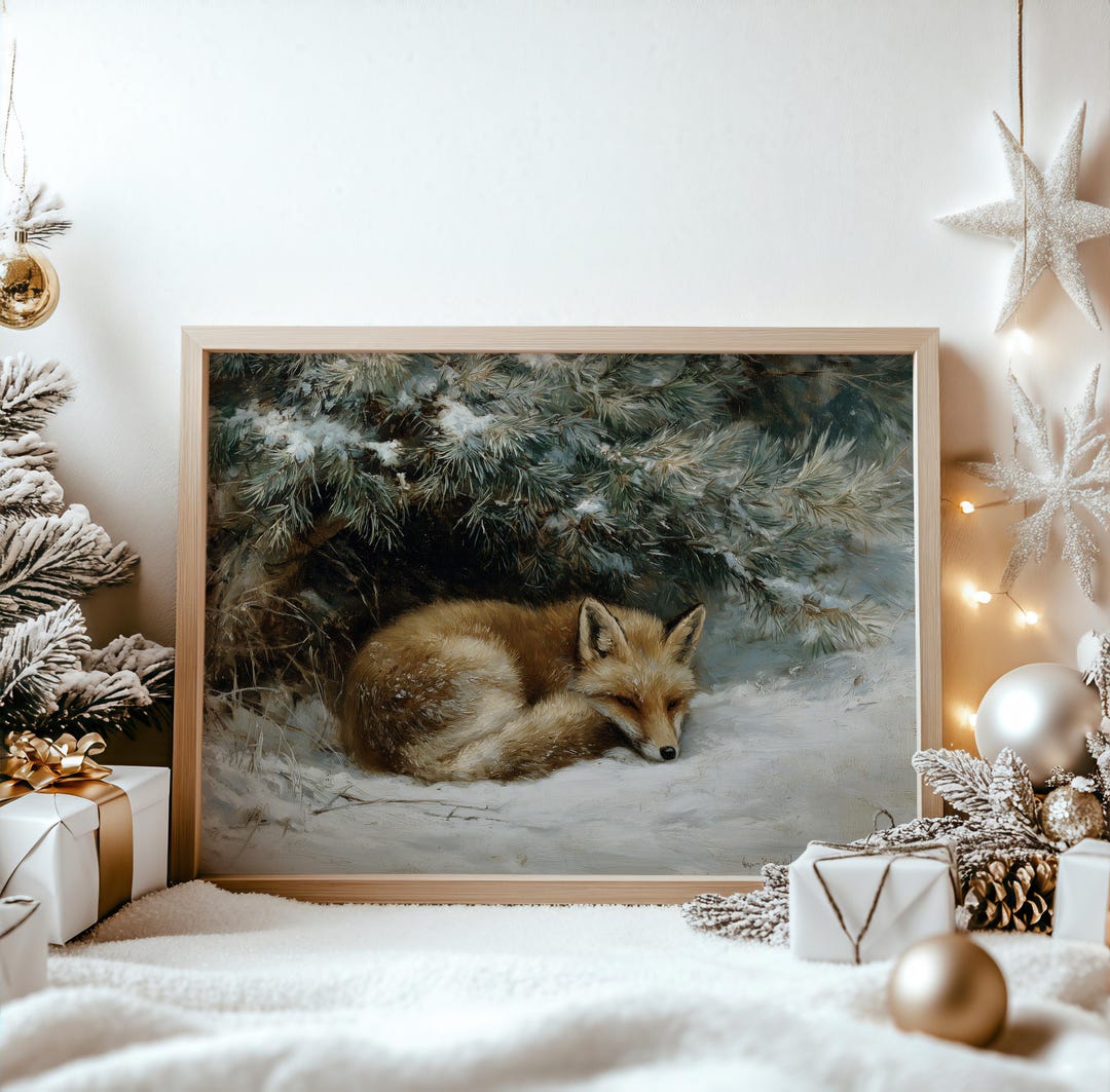 Winter Fox in Snow Under Christmas Trees - Rustic Woodland Animal Art ...