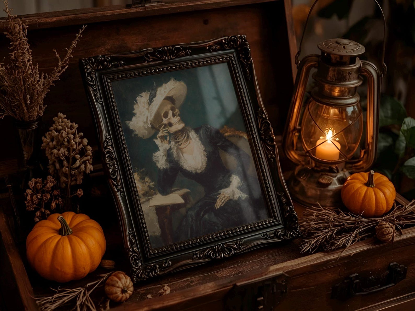 Victorian Skeleton Oil Painting - Spooky Halloween Wall Art, Vintage ...