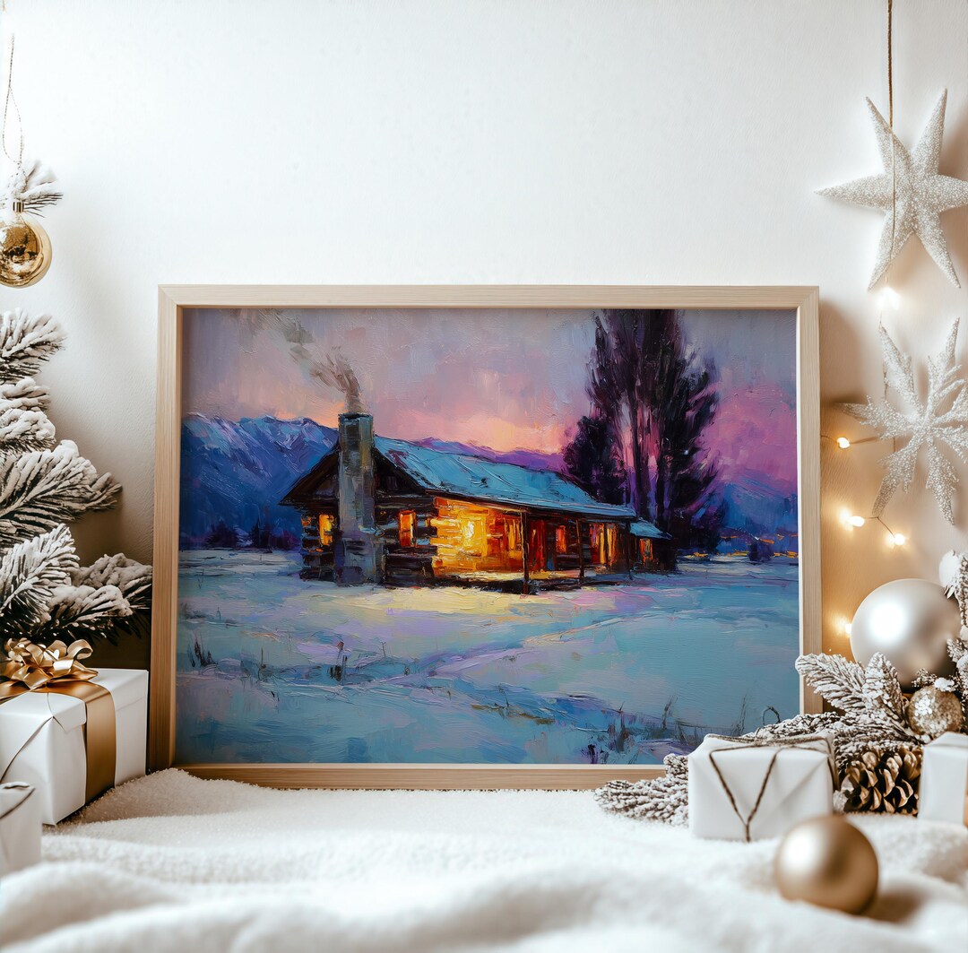 Rustic Cabin in Snowy Meadow - Printable Winter Landscape Art, Cozy ...