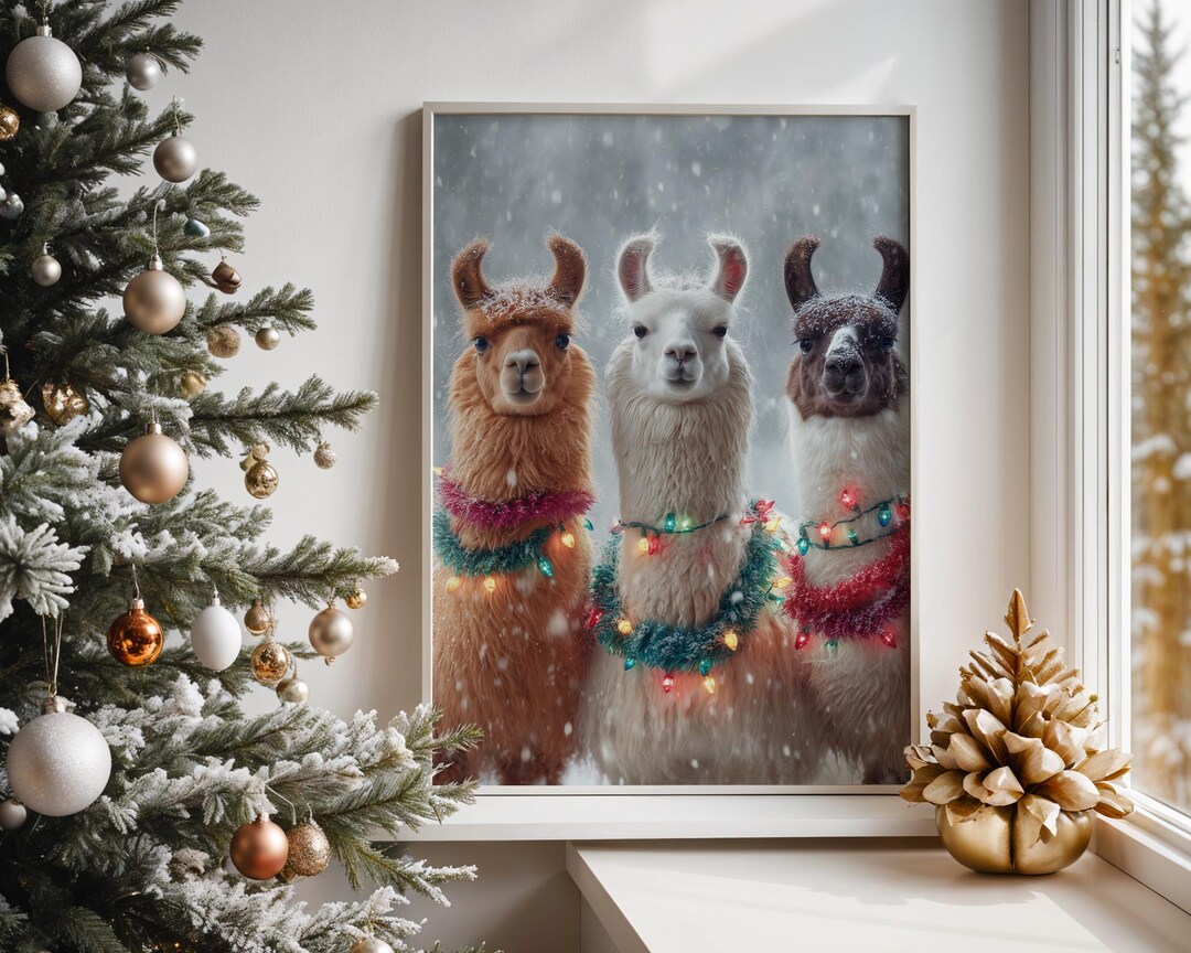 Christmas Llamas Printable Art - Festive Trio With Lights, Fun Winter ...