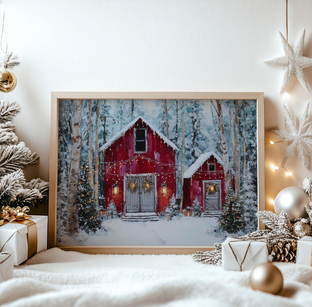 Cottagecore Winter Red Barn & Cottage Painting - Cozy Snowy Forest ...
