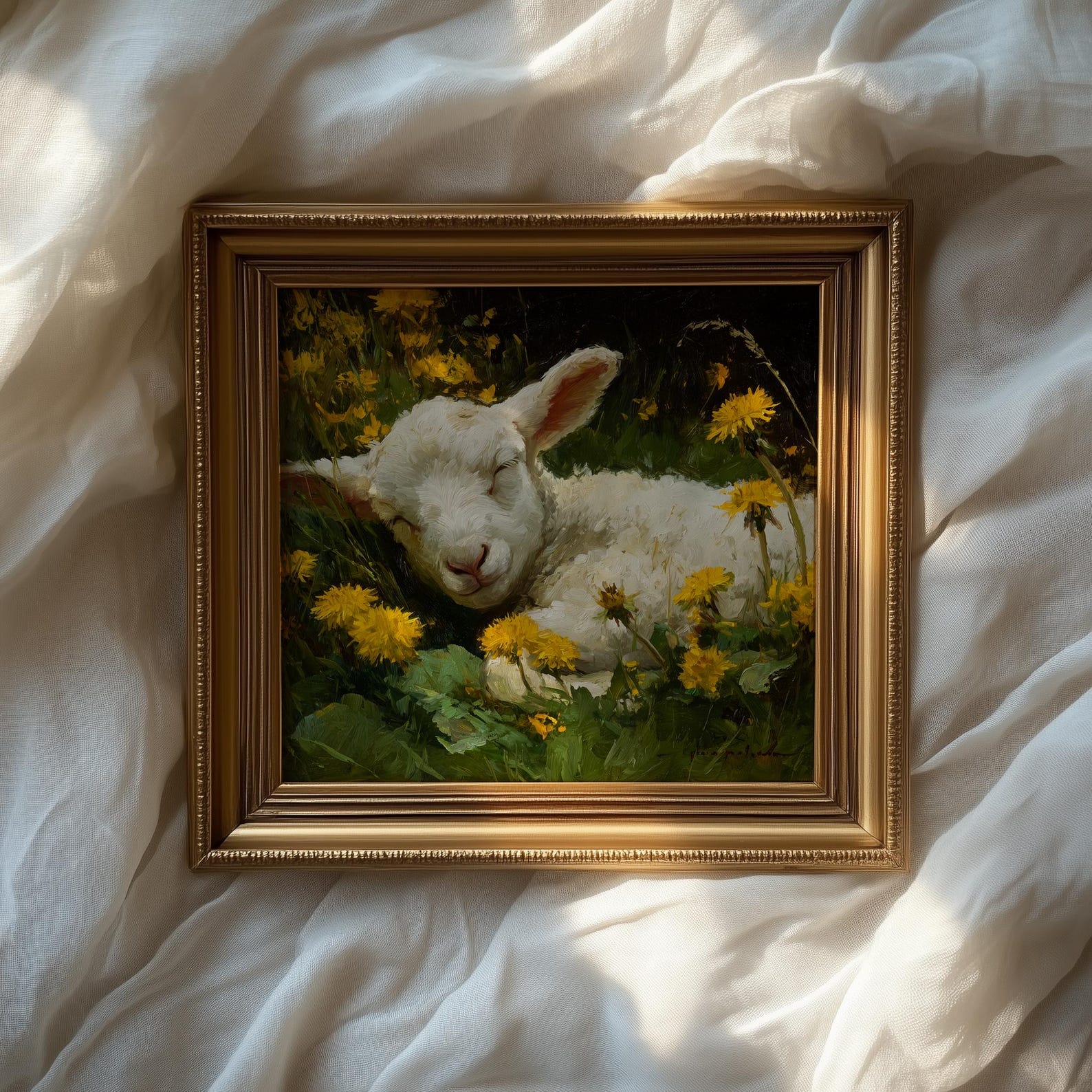 Rustic Cottagecore Lamb Painting in Meadow - Tranquil Spring Wall Art ...