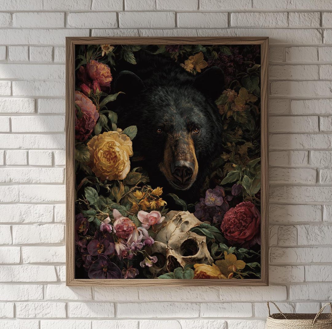Moody Gothic Bear With Roses - Dark Botanical Printable Art, Vintage ...