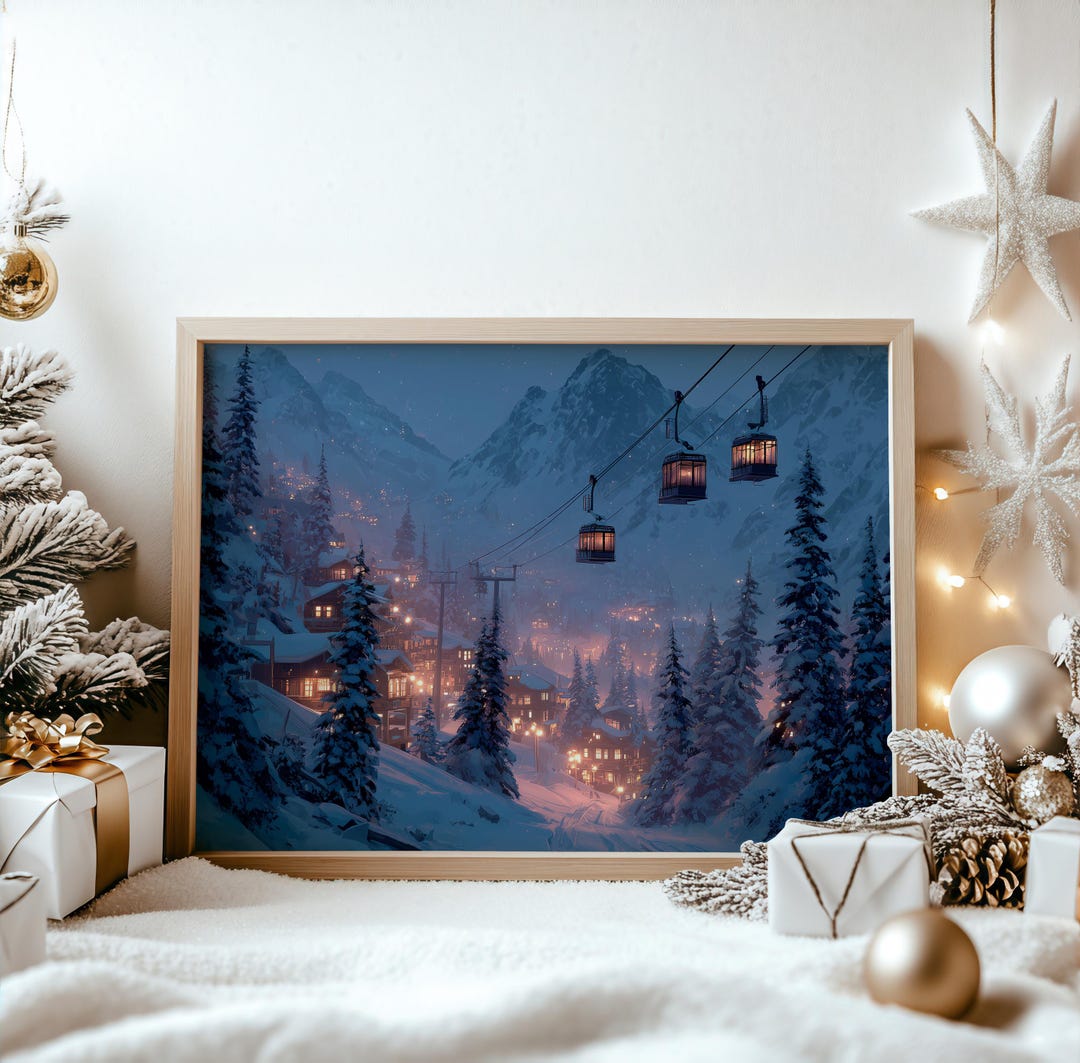 Christmas Ski Lift Scene - Cozy Winter Night Landscape, Rustic Holiday ...