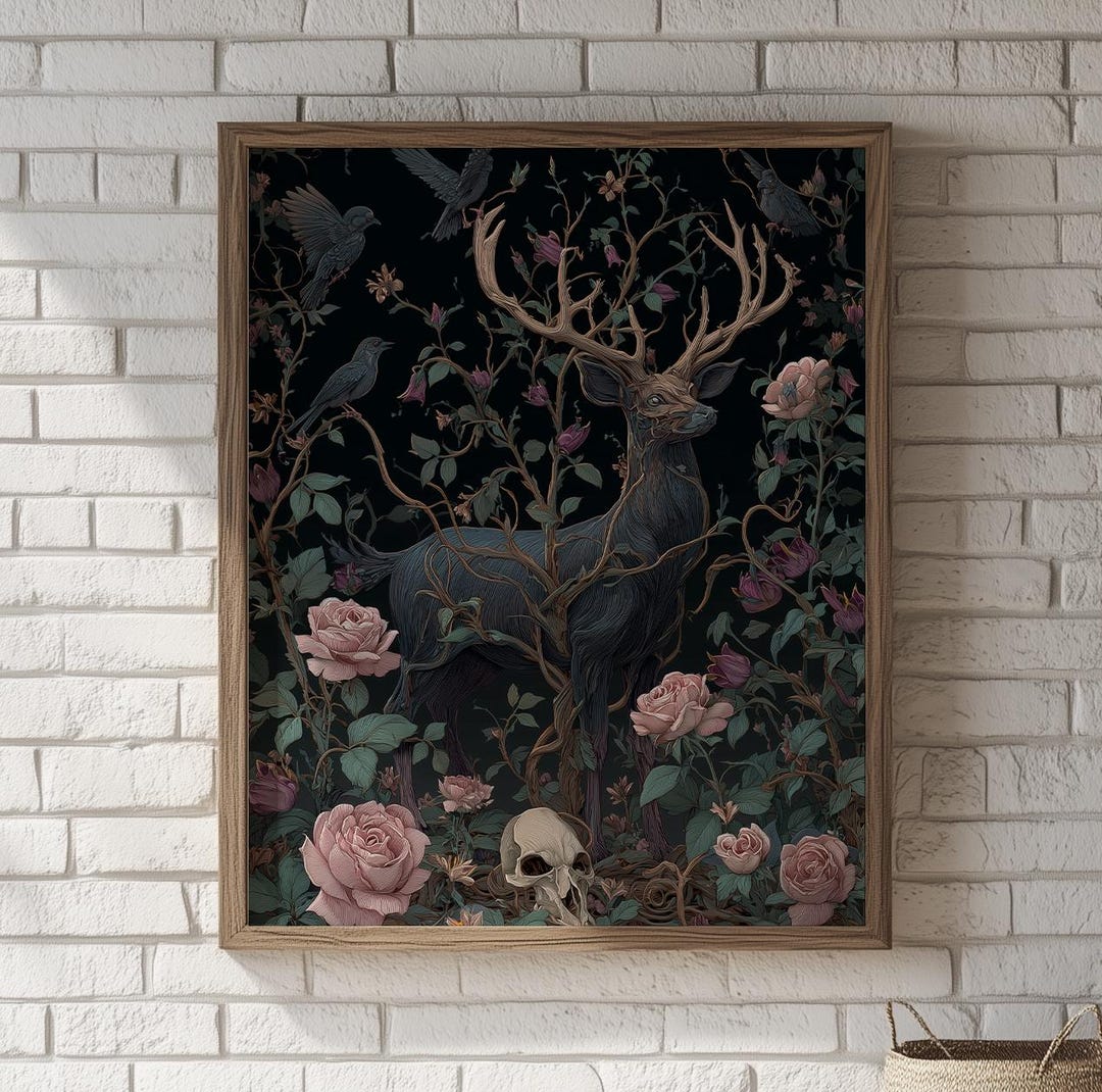 Gothic Deer Painting - Moody Forest Stag With Antlers, Nightshade ...