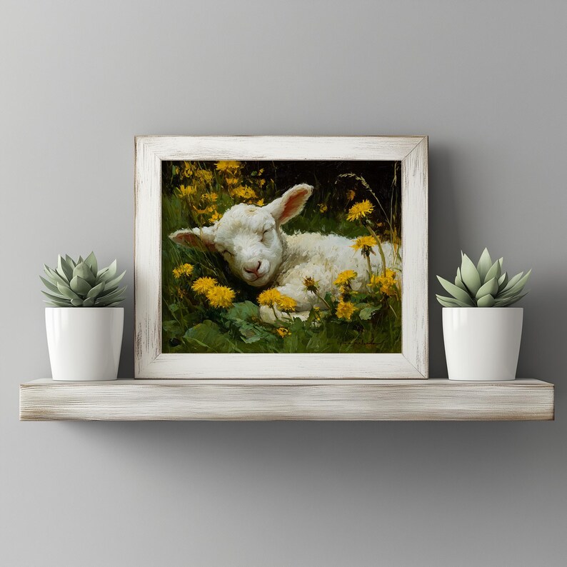Rustic Cottagecore Lamb Painting in Meadow - Tranquil Spring Wall Art ...