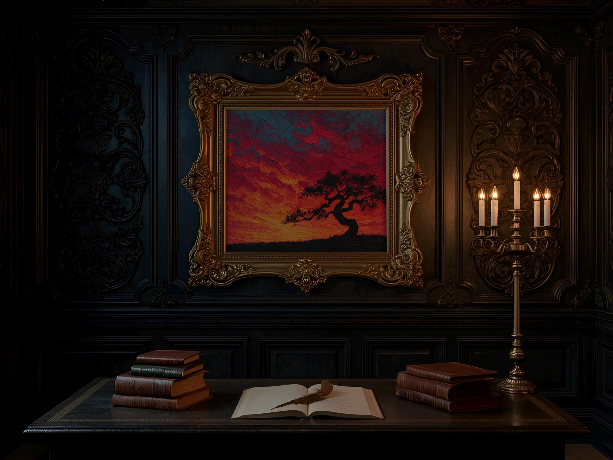 Printable Oak Tree Silhouette Painting - Rustic Autumn Sunset Art ...
