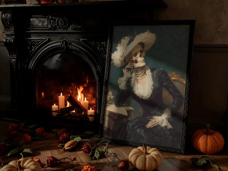 Victorian Skeleton Oil Painting - Spooky Halloween Wall Art, Vintage ...