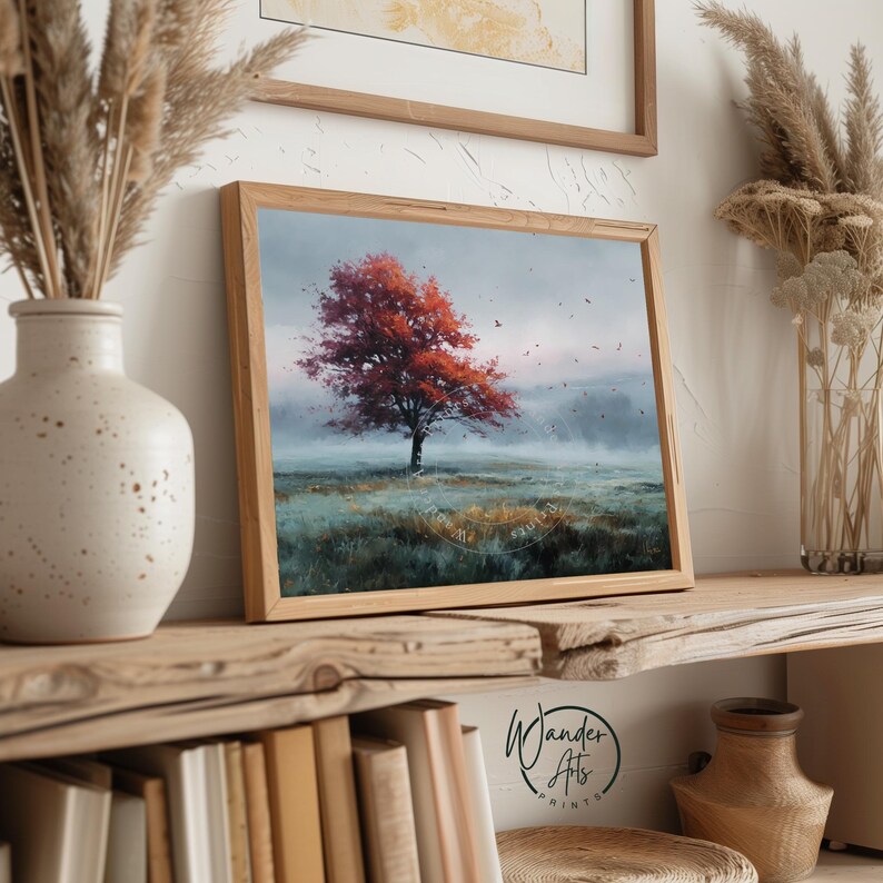 Rustic Red Oak Tree Landscape - Printable Autumn Wall Art, Single Oak ...